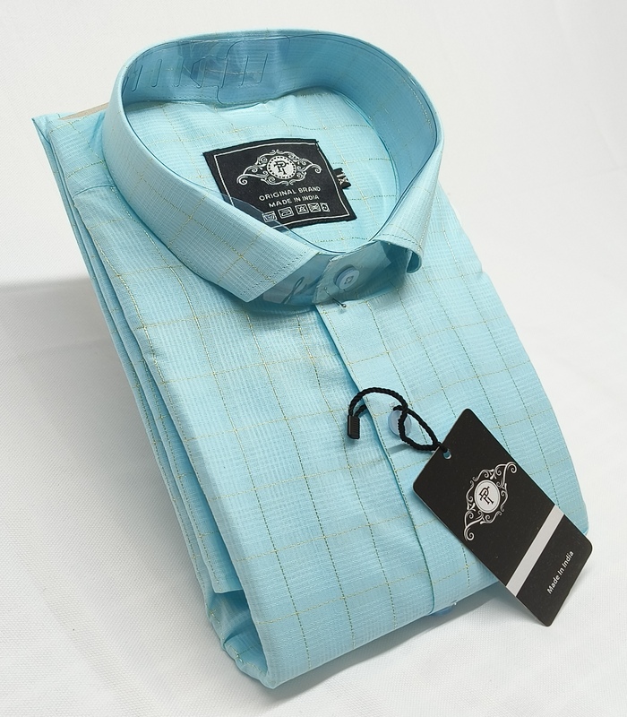 Light Blue and Golden checked formal shirt - Phadtare Textiles